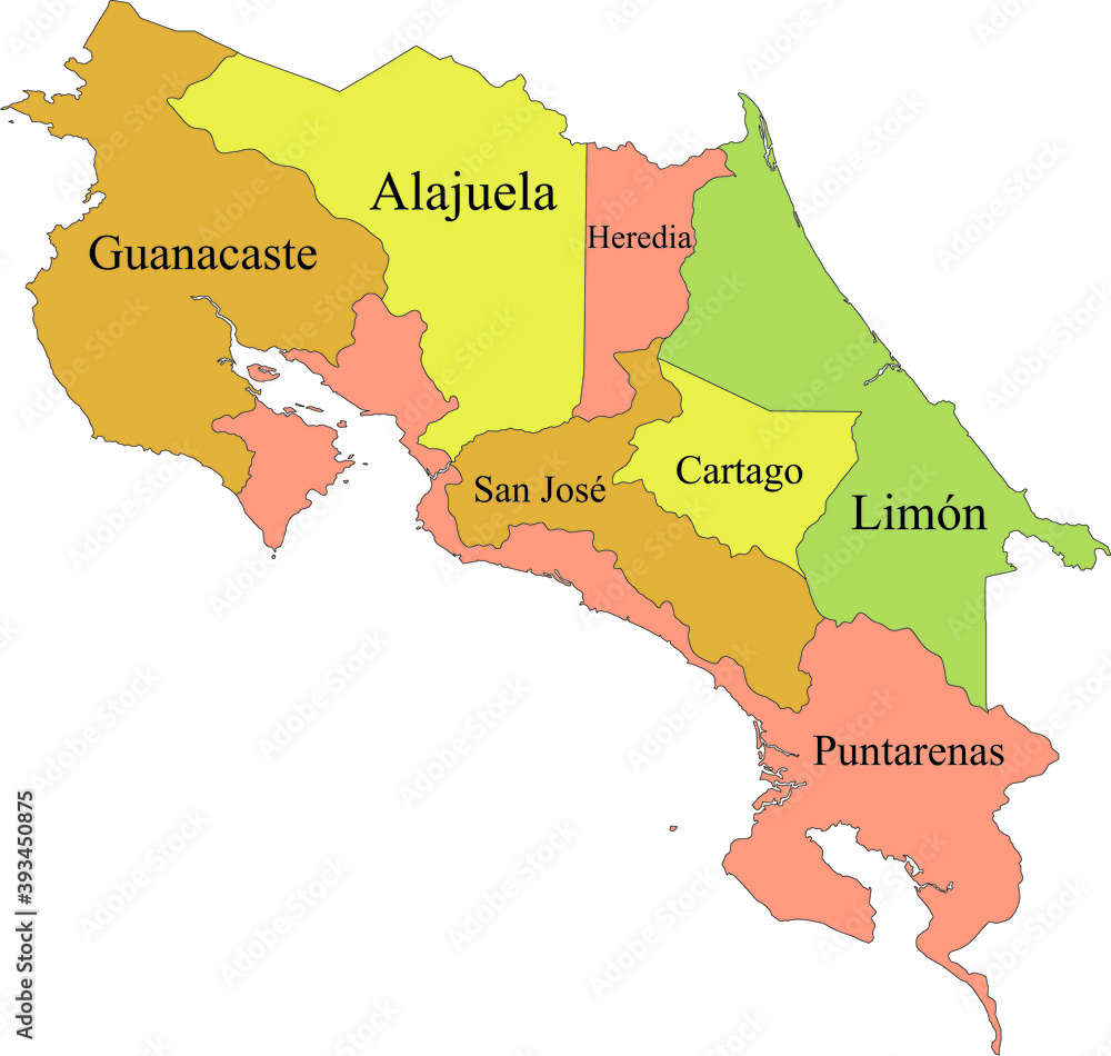 Pastel vector map of Costa Rica with black borders and names of it's ...