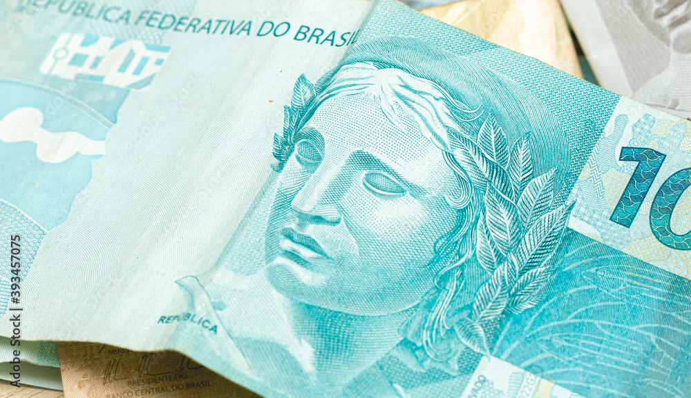 Notas do Real Brasileiro em fotografia macro. Economia brasileira e ...