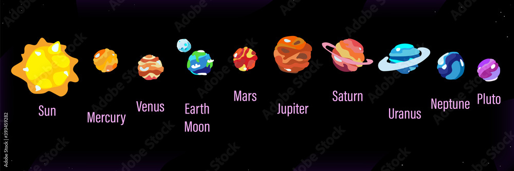Cartoon planets solar system set, isolated on black background ...