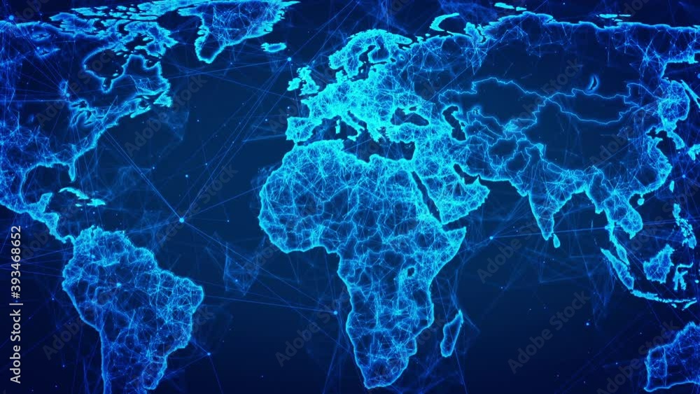Abstract network wireframe in blue world map. Network lines in the ...
