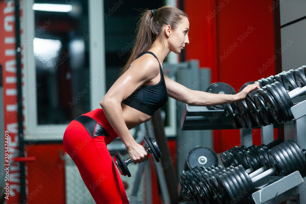 Side view of muscular fitness woman lifting dumbbells and working on ...