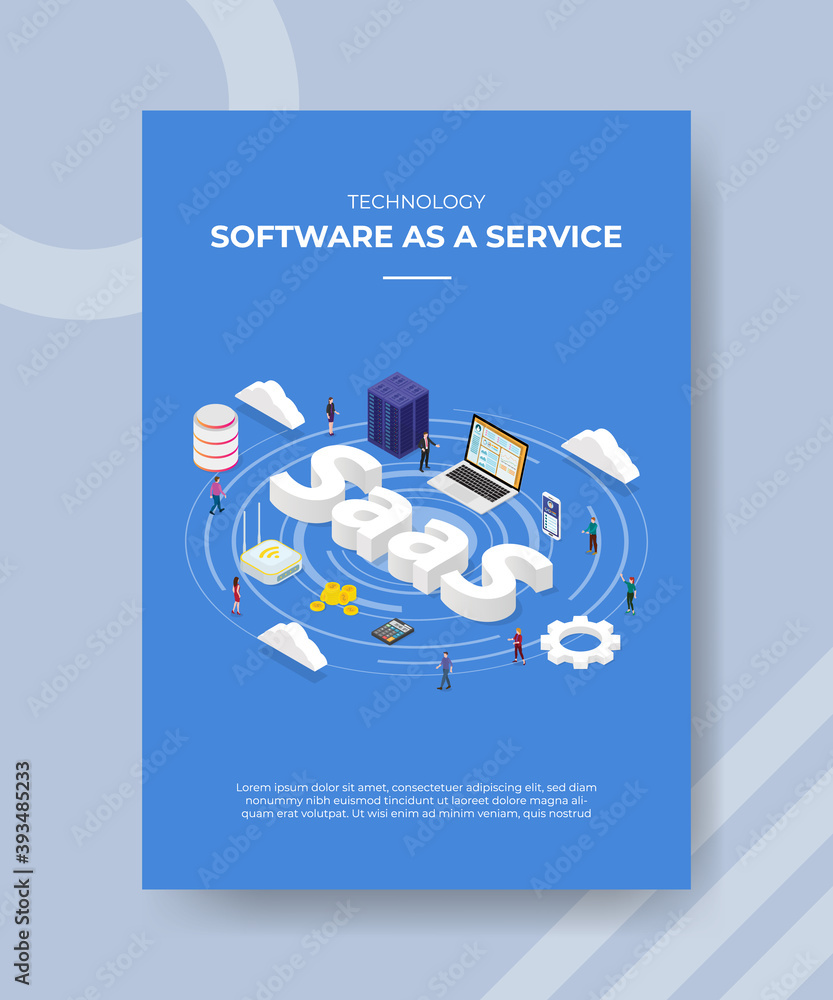 technology software as a service people standing laptop server router ...