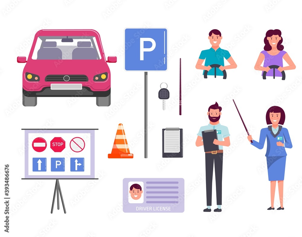 Car driving auto school education and examination set. Isolated man ...