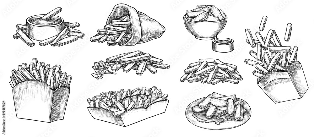 Potato french fries street fastfood menu hand drawn sketch. Crispy chip ...