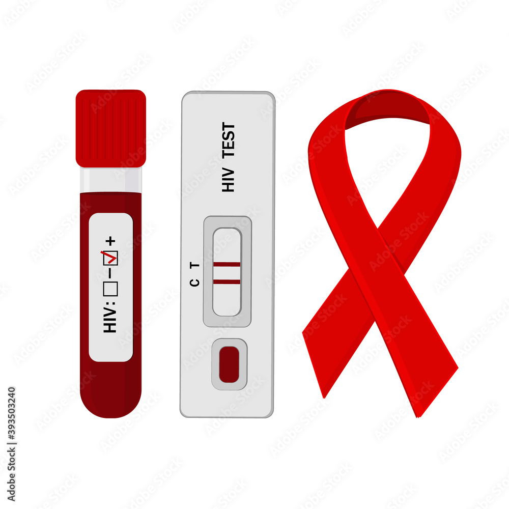 HIV and AIDS test kit, blood test and red ribbon, color isolated vector ...