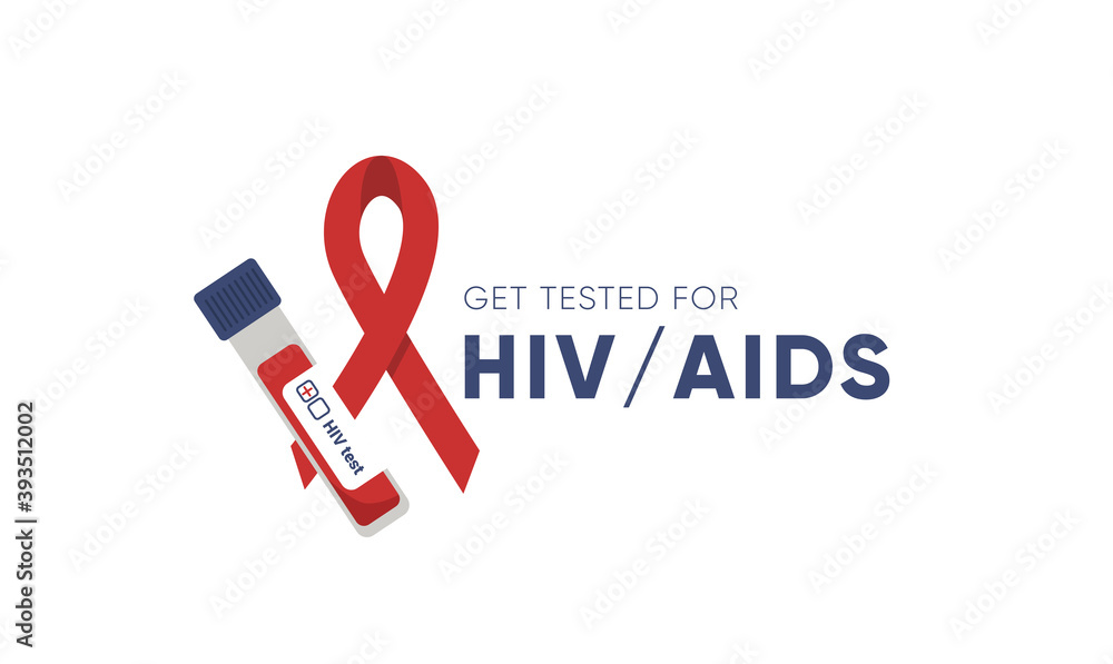 Test tube with blood and red ribbon. Call to get tested. World HIV AIDS ...