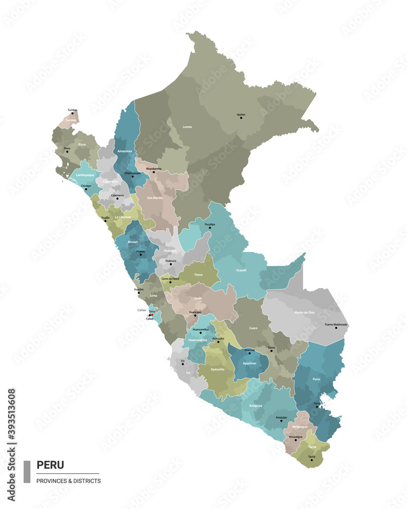 Peru higt detailed map with subdivisions. Administrative map of Peru ...