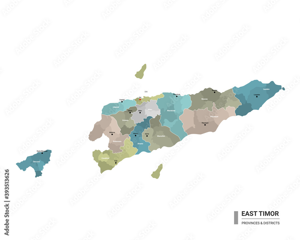 East Timor higt detailed map with subdivisions. Administrative map of ...