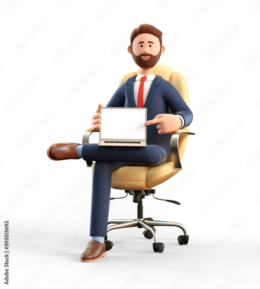 3D illustration of happy smiling businessman pointing finger at blank ...