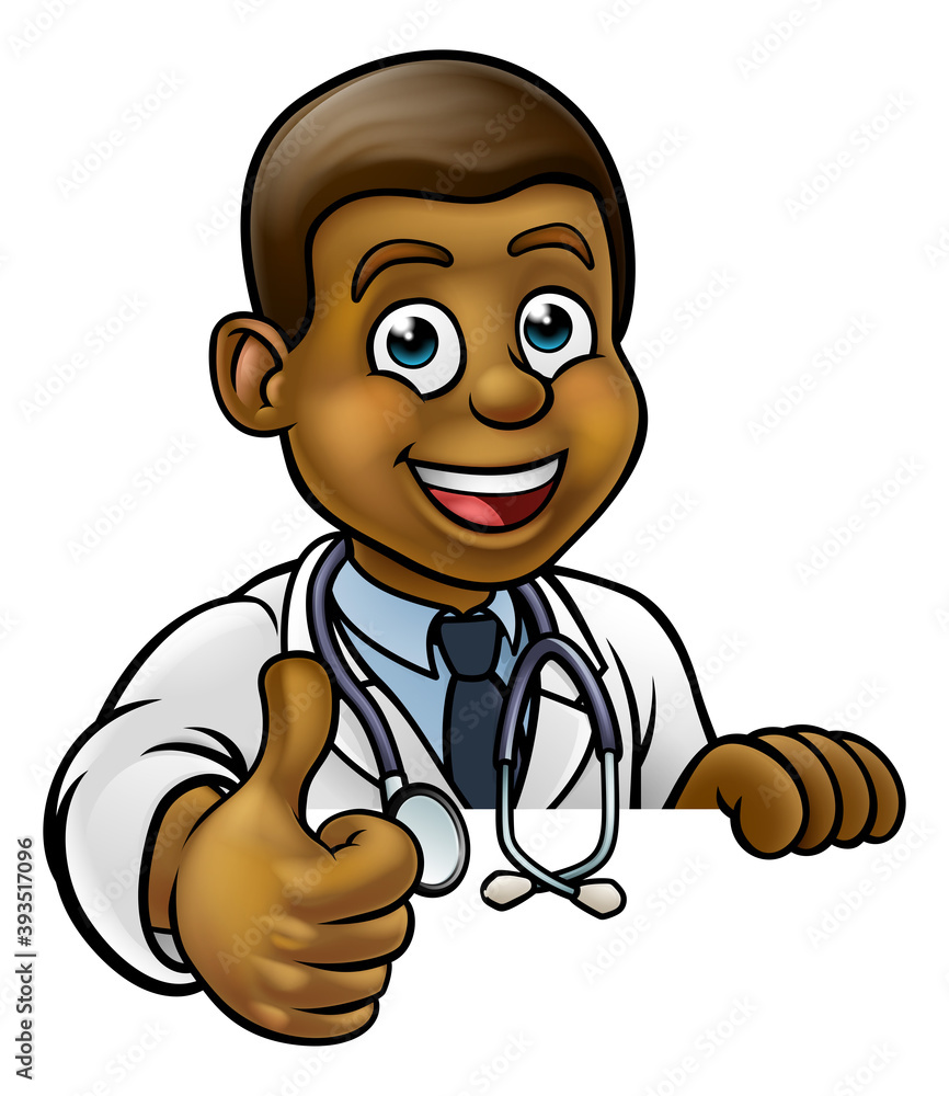 A cartoon doctor wearing lab white coat with stethoscope peeking above ...