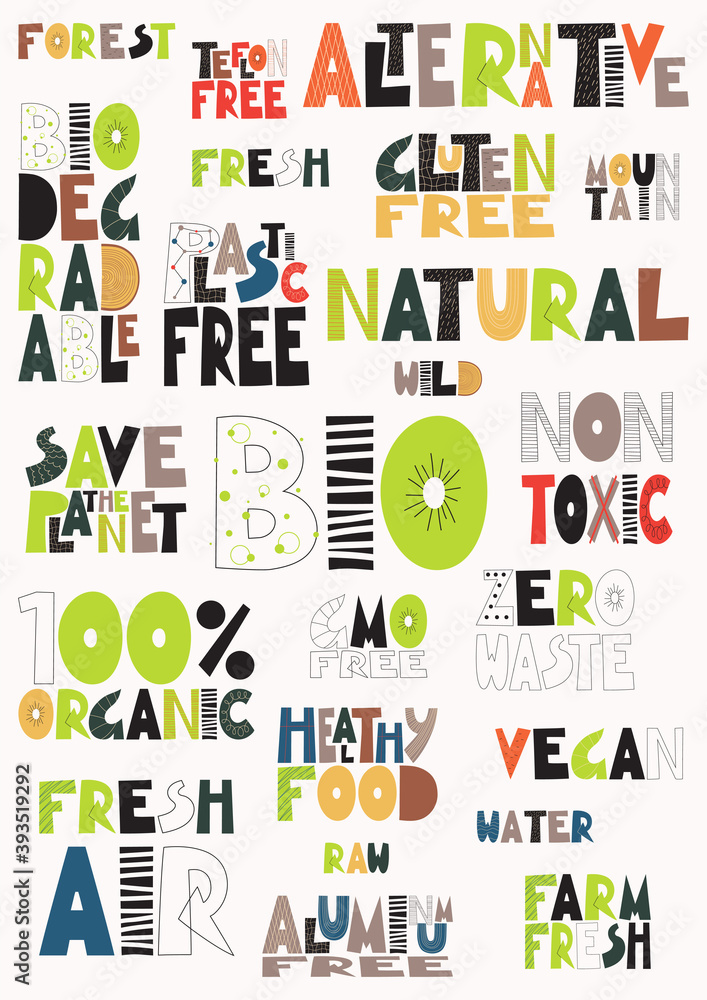 Slogans and words. Environmental protection. Colored letters. Vector ...