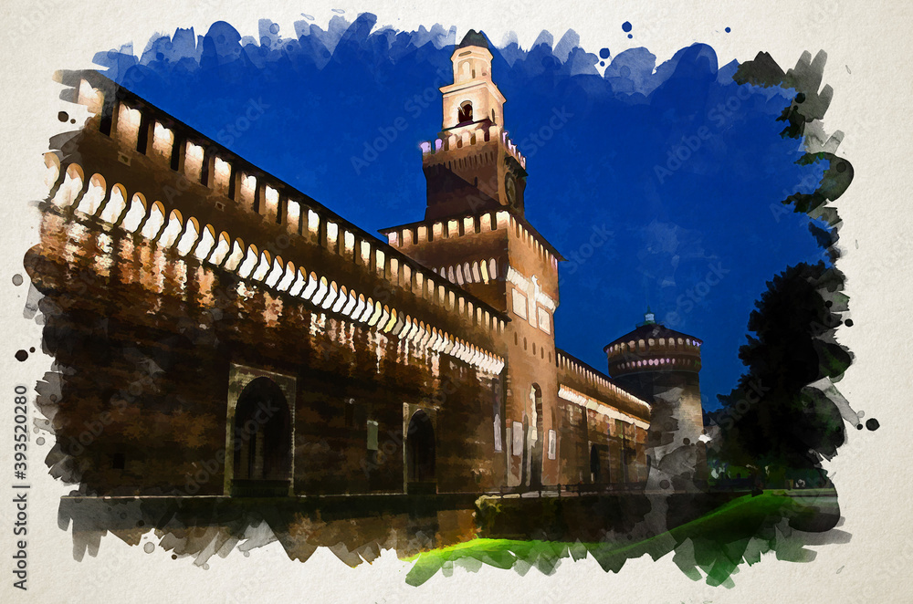 Watercolor drawing of Old medieval Sforza Castle Castello Sforzesco ...