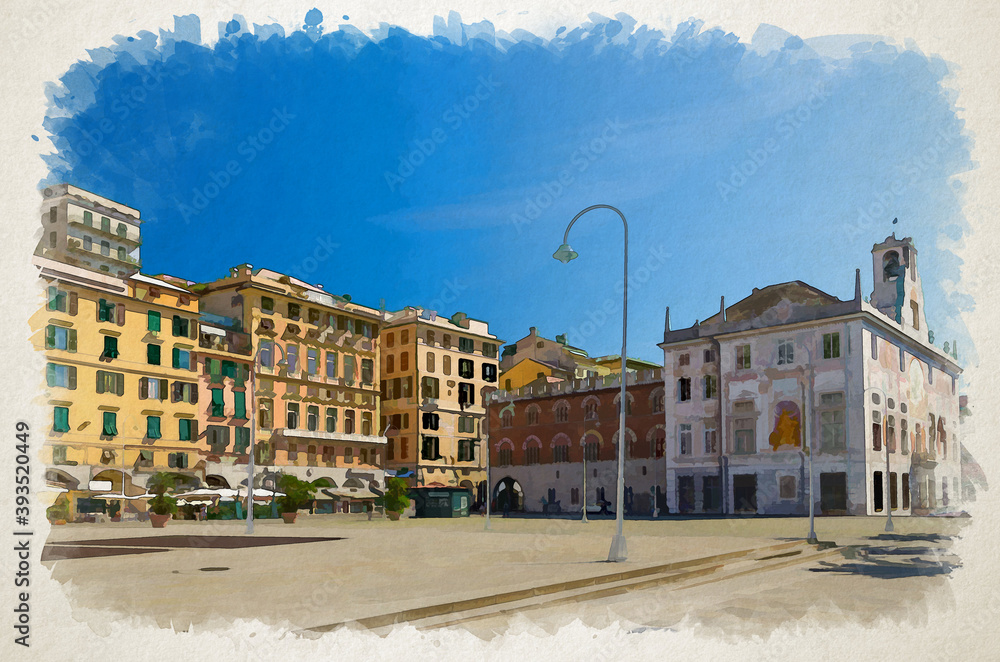 Watercolor drawing of Row of colorful buildings and Palazzo San Giorgio ...