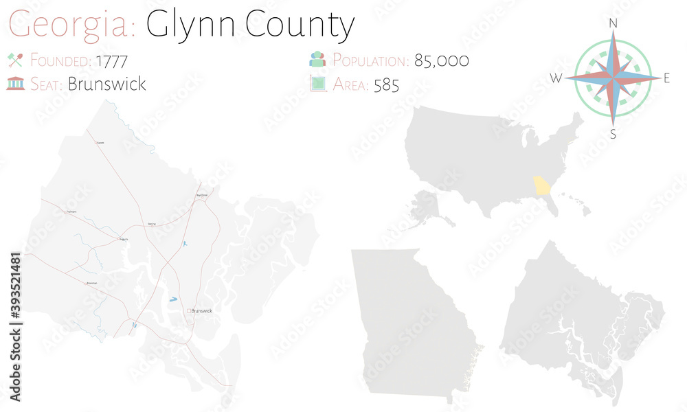 Large and detailed map of Glynn county in Georgia, USA. Stock Vector ...