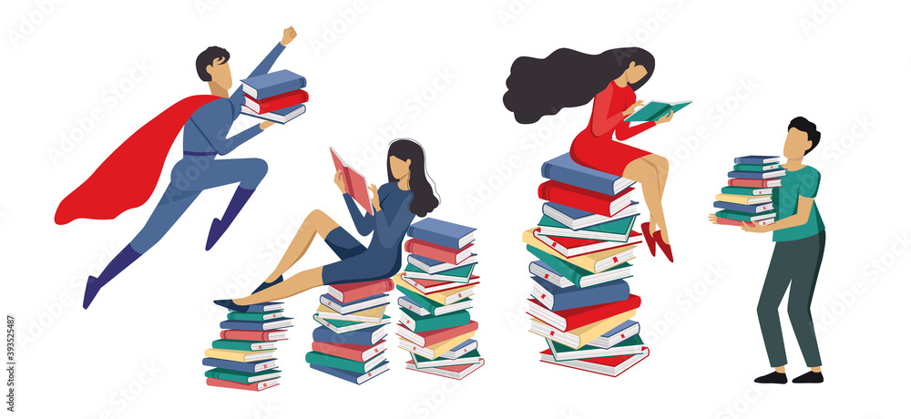 People with books. Man flies with books. Ladies reading book. Flat ...