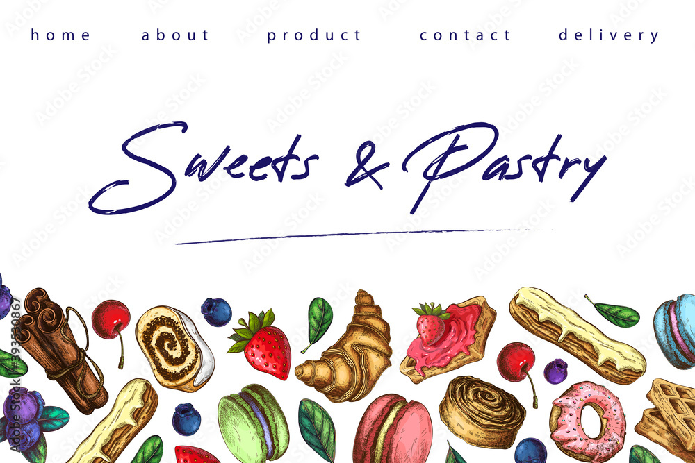 bakery illustration. pastry banner, background or sweets shop landing ...