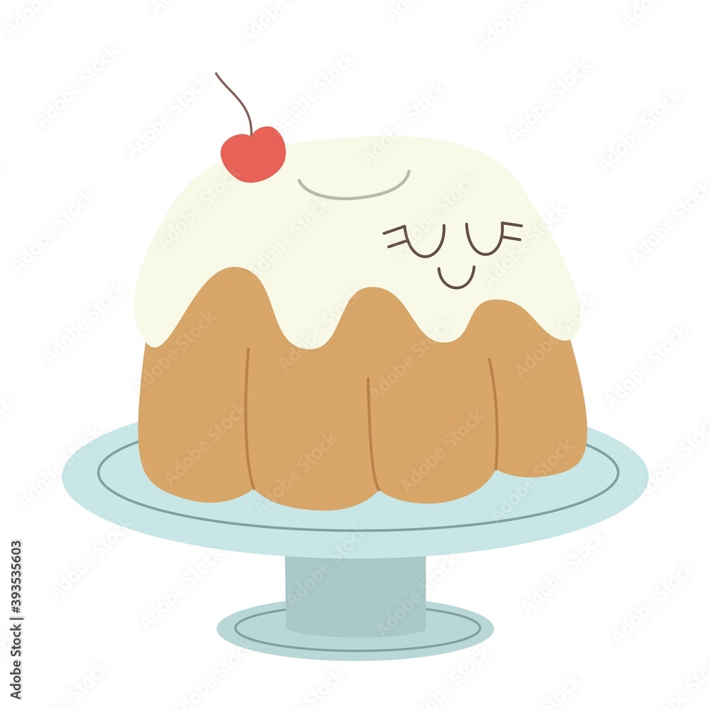 Cartoon dessrt on stand. Cake with happy face. Vector illustration ...