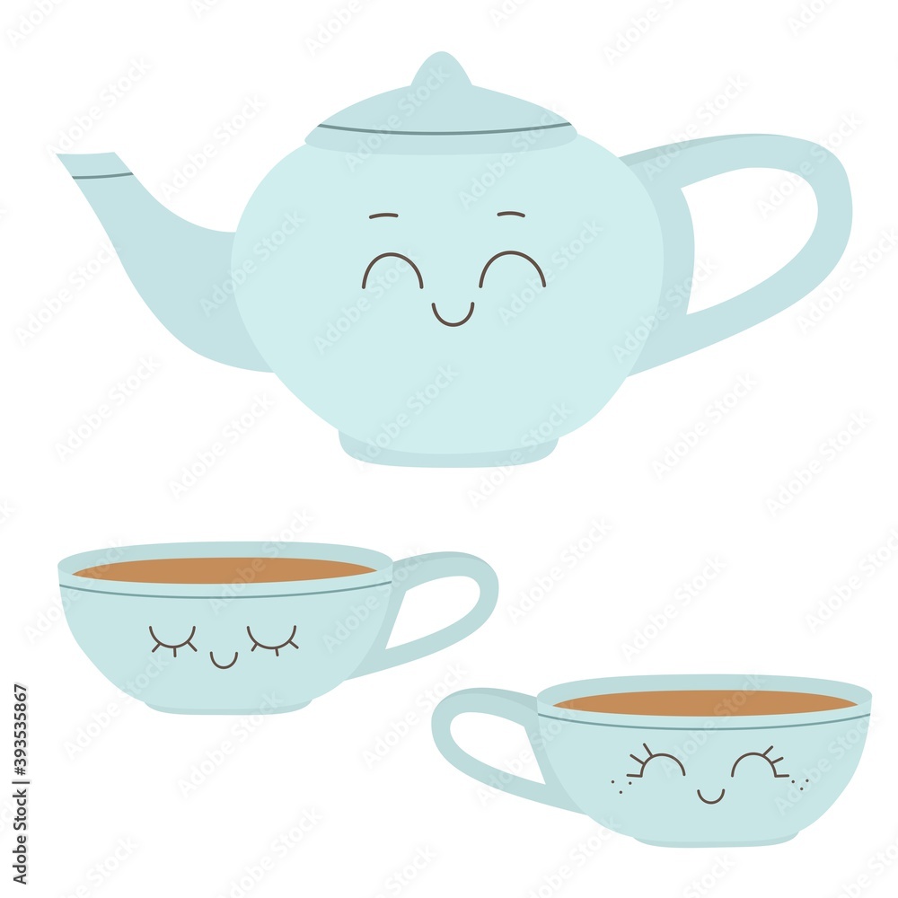 Cartoon teapot and cups with funny faces. Cute tea service. Vector ...