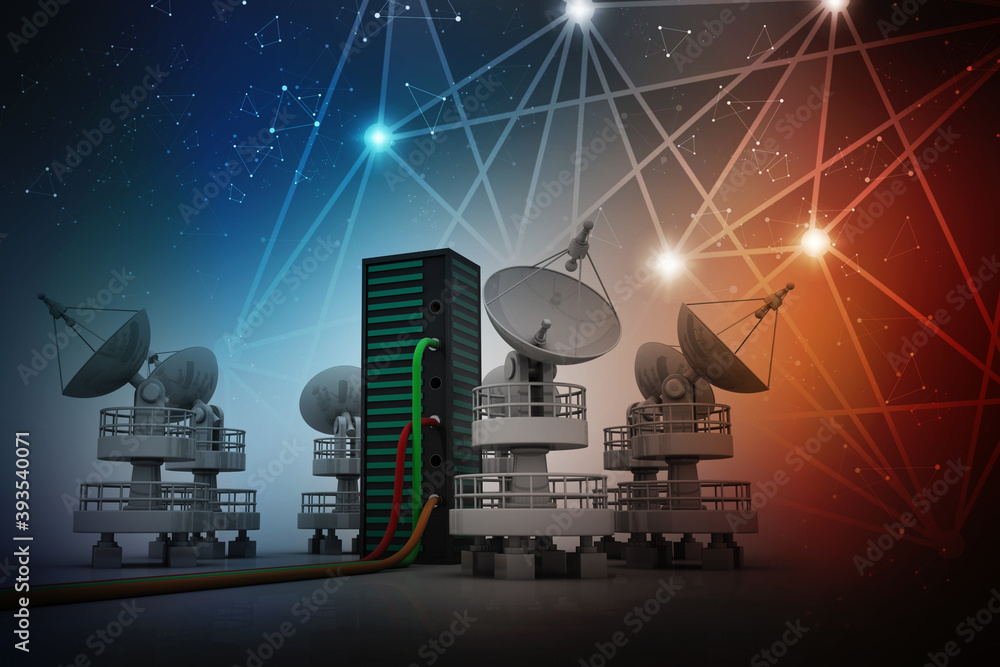 3d illustration satellite connected Data center server with satellite ...