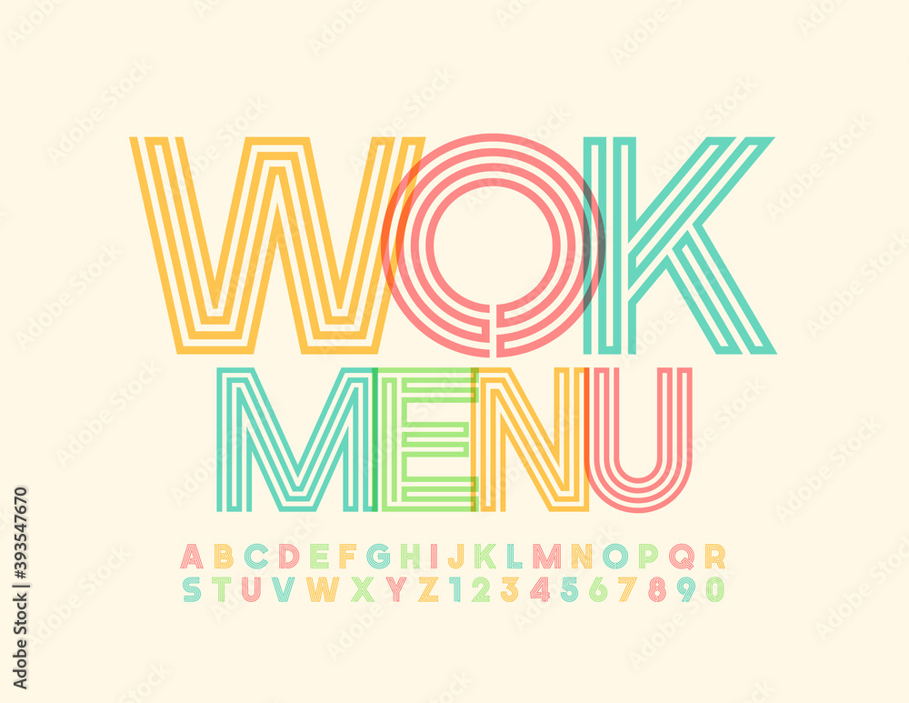 Vector bright template Wok Menu. Creative colorful Font. Maze style ...
