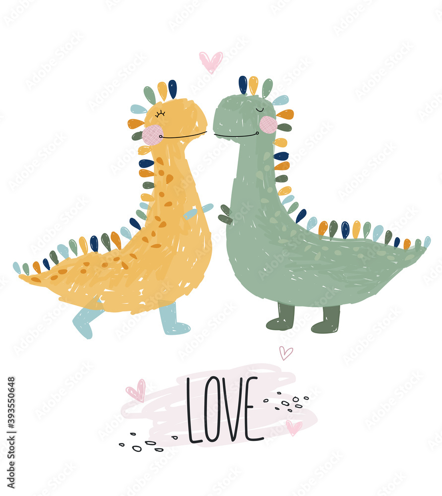 Romantic vector illustration of lovely two dinosaurs with heart shares ...