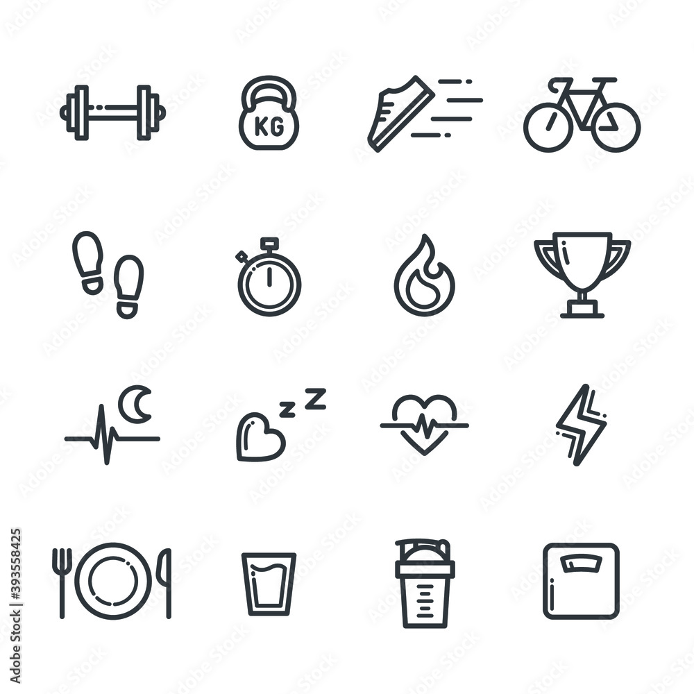 Fitness vector icon set, simple flat thin line style. Signage for gym ...
