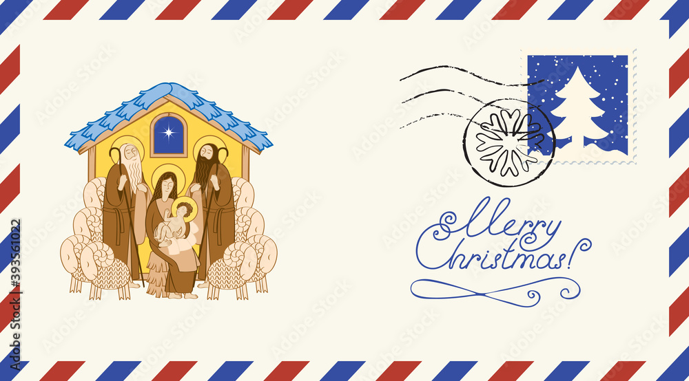 Postal envelope on the Christmas theme with postage stamp and postmark ...