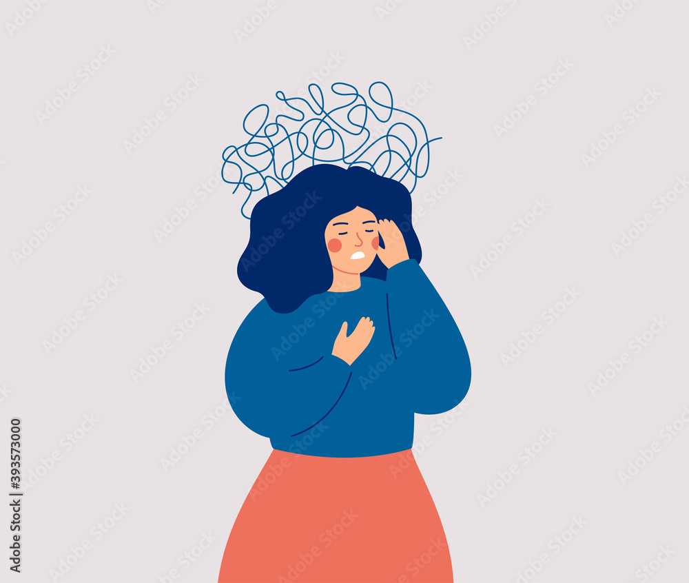 Naklejka Panic attack concept. Uneasy woman has chest pain and vertigo ...