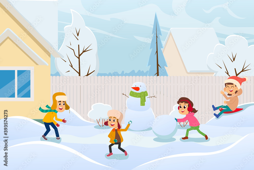 cartoon illustration of kids making a snowman and other winter fun ...