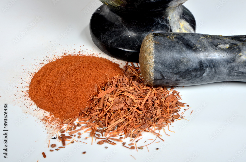 Catuaba bark and catuaba powder on white background. Natural herbal tea ...