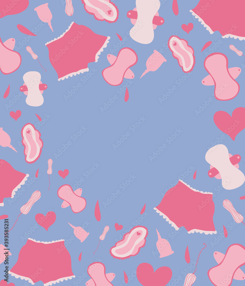 Heart-shaped vector frame with pink reusable sanitary pads, menstrual ...