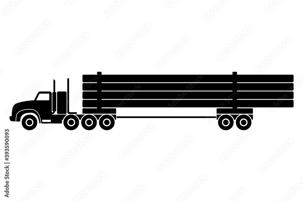 Timber truck icon. Pipe locomotive. Black silhouette. Side view. Vector ...