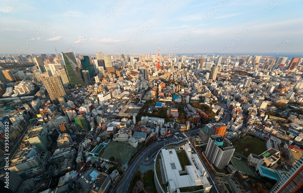 Aerial panorama from Roppongi over Downtown Tokyo, with landmark Tokyo ...