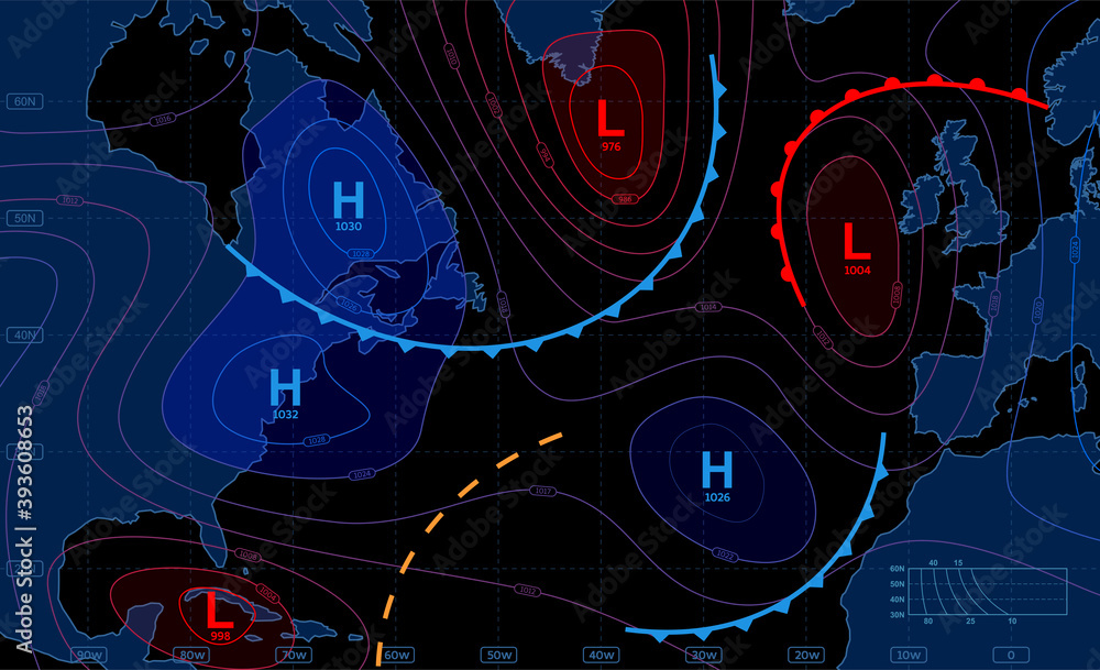 Weather forecast map. Meteorological concept on dark backgrounds ...