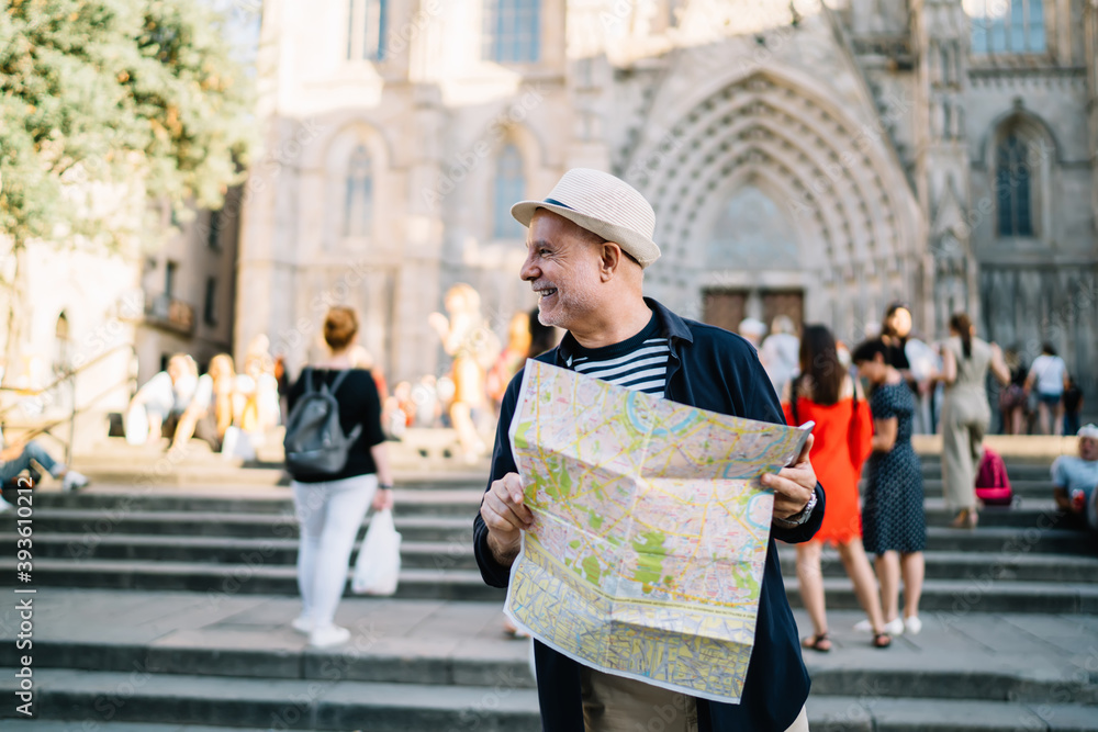 Happy Caucasian man 60s enjoying solo trip vacations for exploring ...
