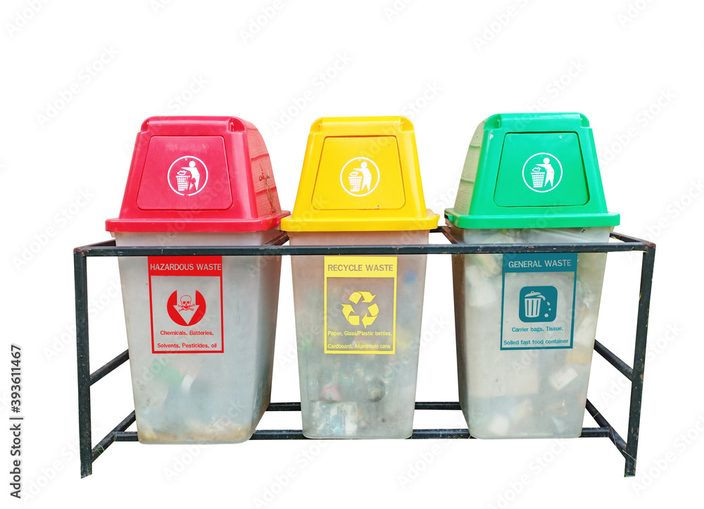 Red, yellow, green bin with black steel frame isolated on white ...