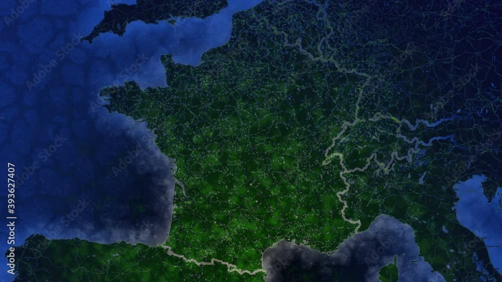 Map of France. View from space. Shimmering cities and villages. An ...