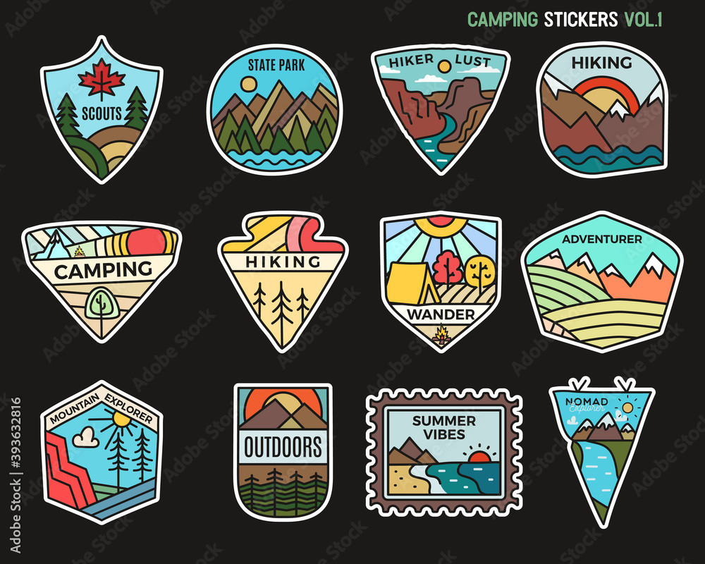 Camping adventure sticker design bundle. Travel hand drawn patches ...