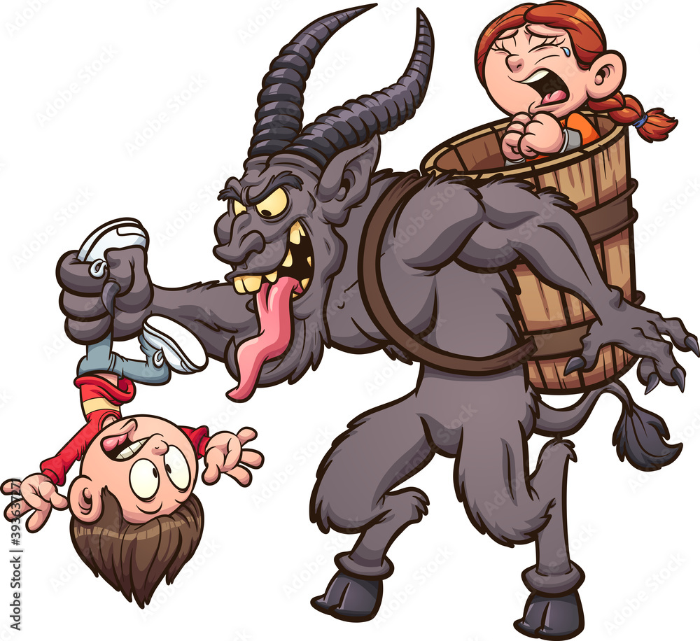 Vektorová grafika „Cartoon Krampus character kidnapping a couple of ...