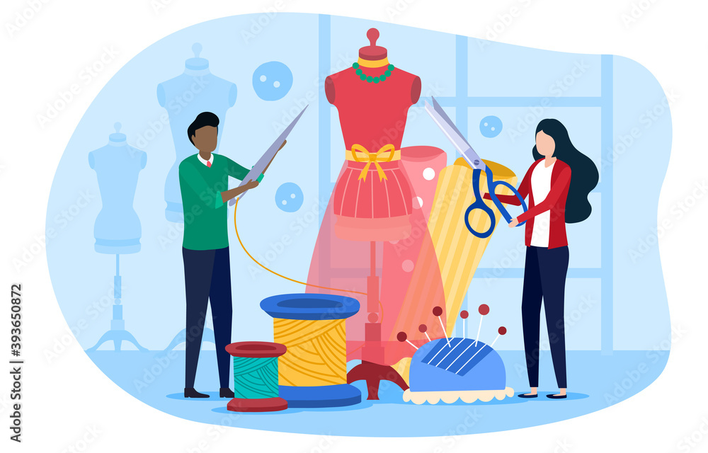 Sewing factory abstract concept. Tiny diverse man and woman dressmakers ...