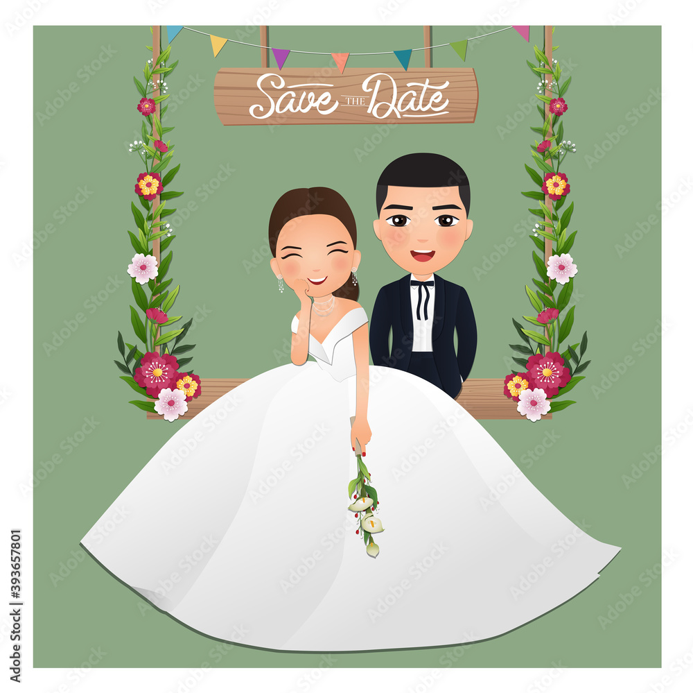 Wedding invitation card the bride and groom cute couple cartoon ...