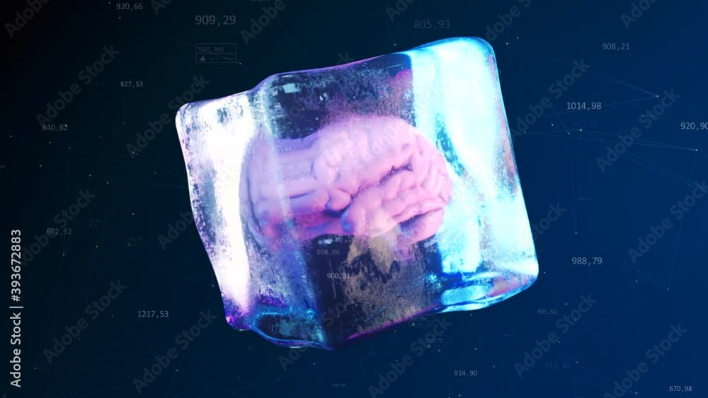 Frozen human brain inside a rotating ice cube in a technology cloud in ...