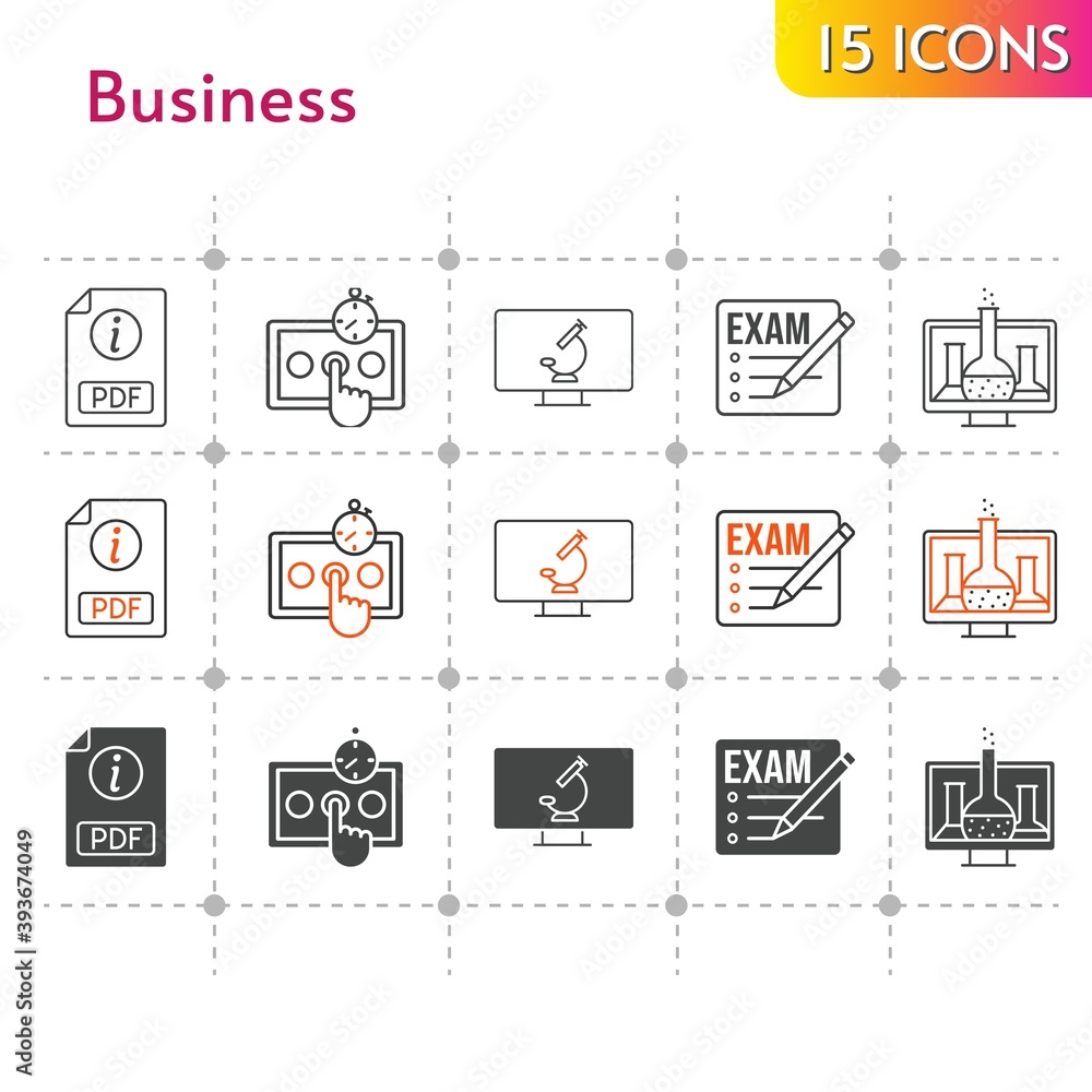 business icon set. included exam, chemistry, pdf, test, microscope ...