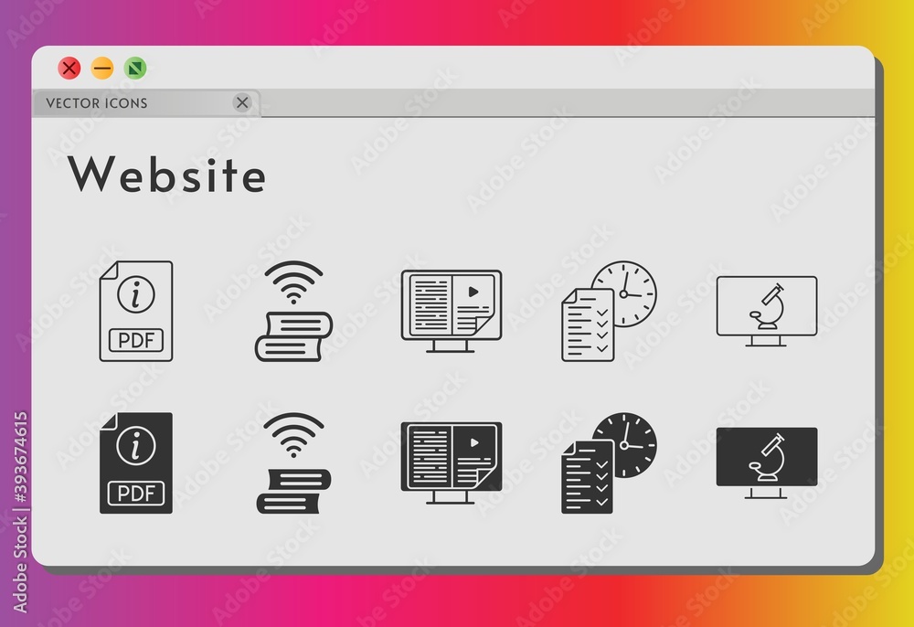 website icon set. included pdf, ebook, test, book, microscope icons on ...