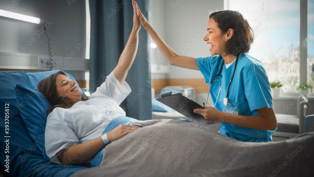 Hospital Ward: Friendly Hispanic Head Nurse Gives High-Five to a Happy ...