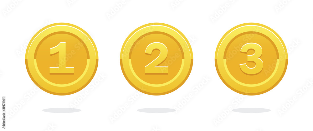 First place. Second place. Third place. Golden medal. Coin icon. Vector ...