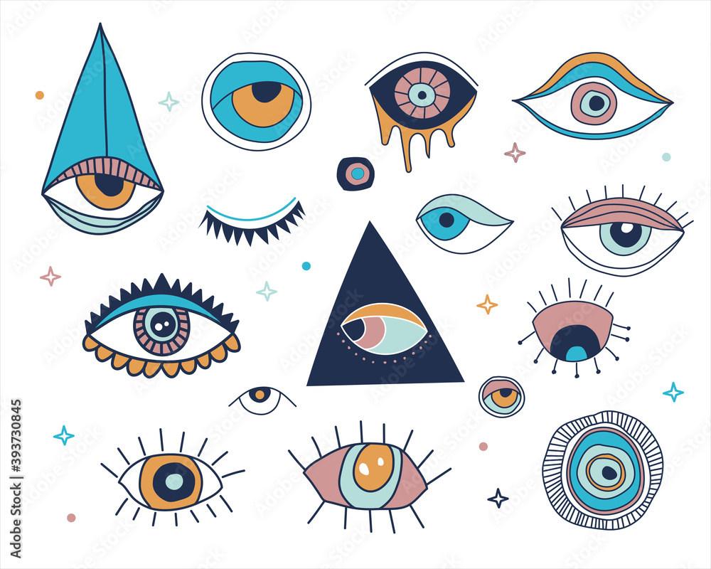 Evil eyes icon set. Set of hand drawn various talismans. Evil Eye ...