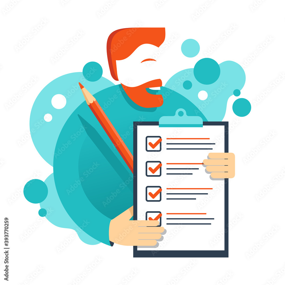 Vetor de Checklist abstract icon - smiling man holding big completed ...