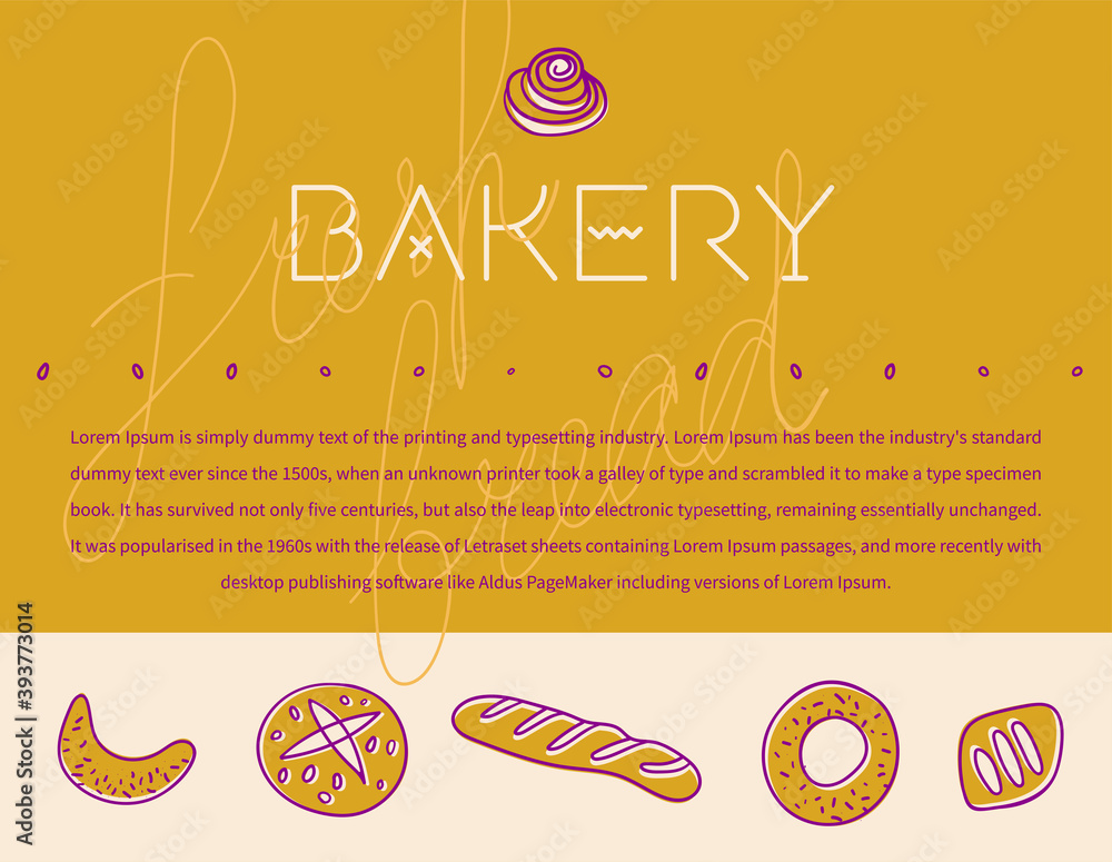 Bakery flyer template with vector hand-drawn icons of bread in warm ...