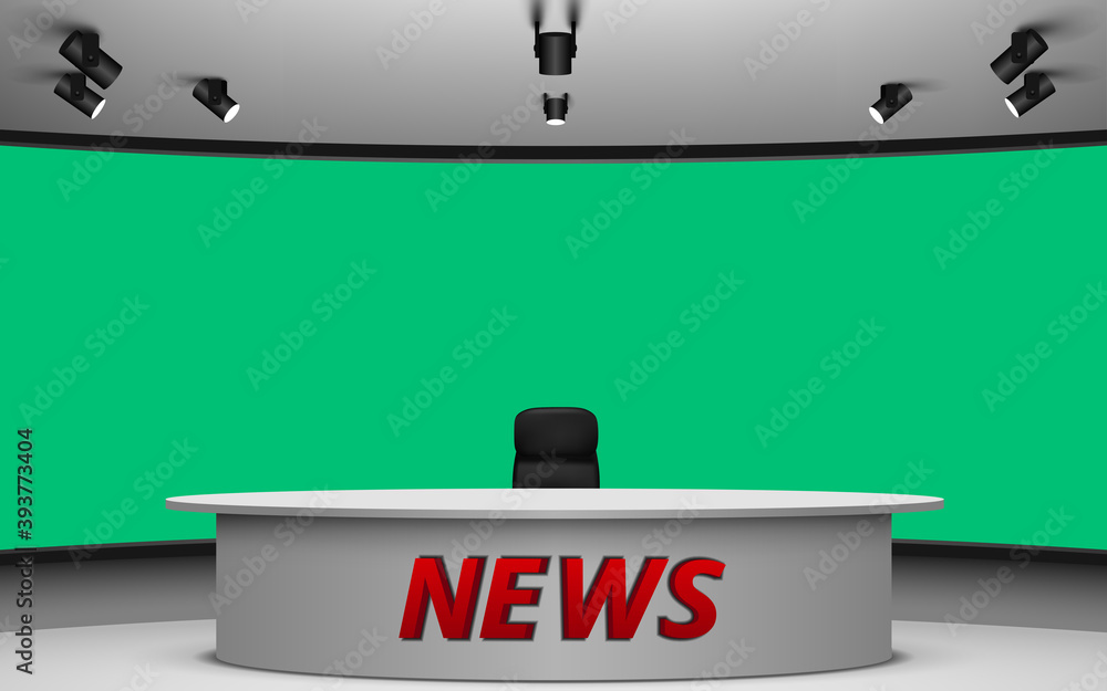 white table and chair in news studio room with the green background ...